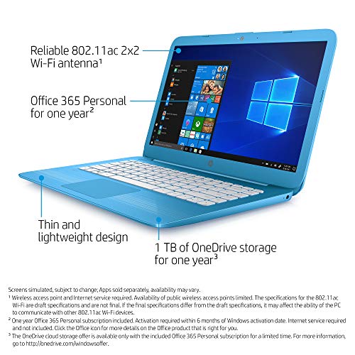 HP Stream 14-inch Laptop, Intel Celeron N3060 Processor, 4 GB SDRAM Memory, 32 GB eMMC storage, Windows 10 Home in S Mode with Office 365 Personal for one year (14-cb010nr, Aqua Blue)