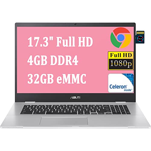 Asus Chromebook 17 Laptop I 17.3" Full HD Display I Intel Celeron N4500 I 4GB DDR4 32GB eMMC I Intel UHD Graphics I USB-C Long Battery Life Webcam Chrome OS Silver + 32GB MicroSD Card