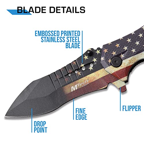 MTech USA – Spring Assisted Folding Knife – Stainless Steel Blade, Aluminum Handle w/ Embossed Flag, Rope Cutter, Glass Punch, Pocket Clip - Hunting, Camping, Survival, Tactical, EDC – MT-A845F