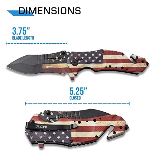 MTech USA – Spring Assisted Folding Knife – Stainless Steel Blade, Aluminum Handle w/ Embossed Flag, Rope Cutter, Glass Punch, Pocket Clip - Hunting, Camping, Survival, Tactical, EDC – MT-A845F