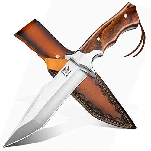 LOTHAR 10 Inch Fixed Blade Hunting Knife, D2 Full Tang Camping Knife with Leather Sheath, Survival Knife with Rosewood Handle for Outdoor, Fishing, Sharp Durable bushcraft knife