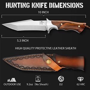 LOTHAR 10 Inch Fixed Blade Hunting Knife, D2 Full Tang Camping Knife with Leather Sheath, Survival Knife with Rosewood Handle for Outdoor, Fishing, Sharp Durable bushcraft knife