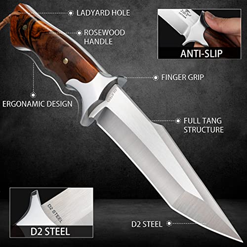 LOTHAR 10 Inch Fixed Blade Hunting Knife, D2 Full Tang Camping Knife with Leather Sheath, Survival Knife with Rosewood Handle for Outdoor, Fishing, Sharp Durable bushcraft knife