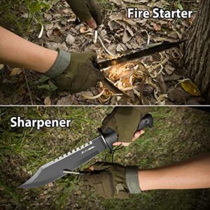 FLISSA Survival Hunting Knife with Sheath, 15-inch Fixed Blade Tactical Bowie Knife with Sharpener & Fire Starter for Camping, Outdoor, Bushcraft