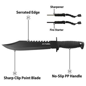 FLISSA Survival Hunting Knife with Sheath, 15-inch Fixed Blade Tactical Bowie Knife with Sharpener & Fire Starter for Camping, Outdoor, Bushcraft