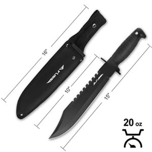 FLISSA Survival Hunting Knife with Sheath, 15-inch Fixed Blade Tactical Bowie Knife with Sharpener & Fire Starter for Camping, Outdoor, Bushcraft