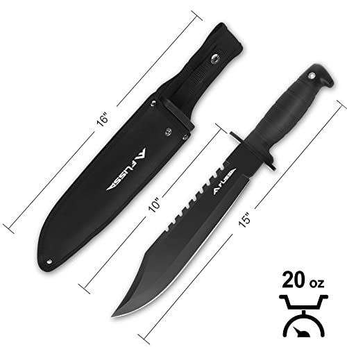 FLISSA Survival Hunting Knife with Sheath, 15-inch Fixed Blade Tactical Bowie Knife with Sharpener & Fire Starter for Camping, Outdoor, Bushcraft