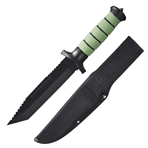 Leopcito 13.6" Fixed Blade Tactical Knives with Sheath, Stainless Steel Survival Hunting Bushcraft Full Tang Non-Slip Handle Knife with Serrated Blade for Camping, Hunting, Adventure, EDC, D201BK