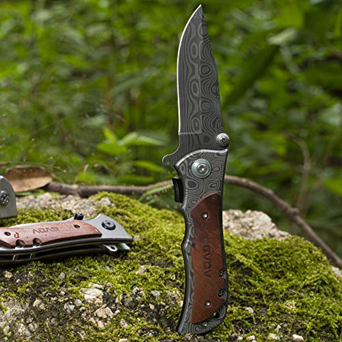 GVDV Pocket Folding Knife with 7Cr17 Stainless Steel, Tactical Knife for Camping Hunting Hiking, Safety Liner-Lock + Belt Clip, Wooden Handle, Father’s Day Gifts for Men Husband Dad