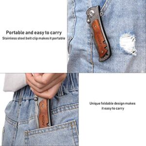 GVDV Pocket Folding Knife with 7Cr17 Stainless Steel, Tactical Knife for Camping Hunting Hiking, Safety Liner-Lock + Belt Clip, Wooden Handle, Father’s Day Gifts for Men Husband Dad