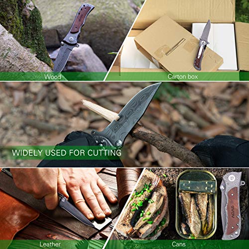 GVDV Pocket Folding Knife with 7Cr17 Stainless Steel, Tactical Knife for Camping Hunting Hiking, Safety Liner-Lock + Belt Clip, Wooden Handle, Father’s Day Gifts for Men Husband Dad