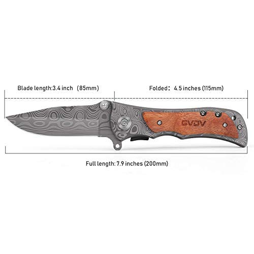 GVDV Pocket Folding Knife with 7Cr17 Stainless Steel, Tactical Knife for Camping Hunting Hiking, Safety Liner-Lock + Belt Clip, Wooden Handle, Father’s Day Gifts for Men Husband Dad