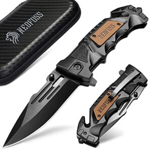 nedfoss pocket folding knife da75, 3 in 1 camping pocket knife for men, survival knife with liner-lock belt clip, seat belt cutter, glass breaker, hunting knife for camping hiking