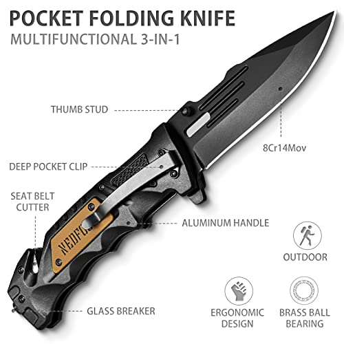 NedFoss Pocket Folding Knife DA75, 3 in 1 Camping Pocket Knife for Men, Survival Knife with Liner-Lock Belt Clip, Seat Belt Cutter, Glass Breaker, Hunting knife for Camping Hiking