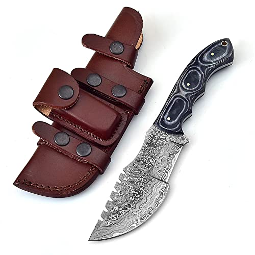 Poshland TR-1168 Custom Handmade Damascus Steel 10 Inches Tracker Knife - Perfect Grip Black Micarta Handle