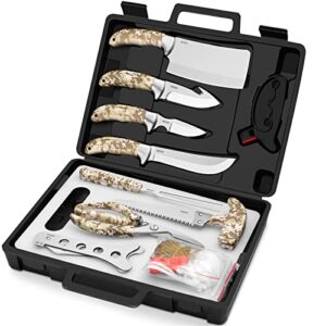 gvdv hunting knife set – 15 pieces butcher game processing kit for men, portable field dressing kit with gut hook skinner knife, cleaver knife, game shears, bone saw, bbq fork, hunting gifts for men