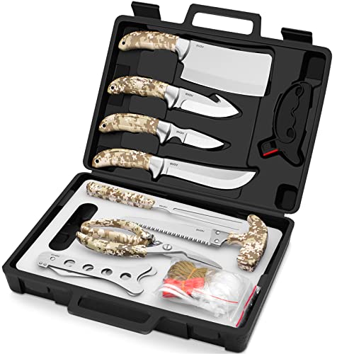 GVDV Hunting Knife Set - 15 Pieces Butcher Game Processing Kit for Men, Portable Field Dressing Kit with Gut Hook Skinner Knife, Cleaver Knife, Game Shears, Bone Saw, BBQ Fork, Hunting Gifts for Men