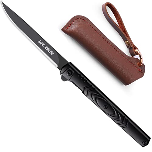 Wlikn Pocket Folding Knife for Men Sheath, Stainless Steel Blade Camping Knife, EDC Outdoor Hunting Tactical Folding Knife Low Profile Slim Pocket Knife