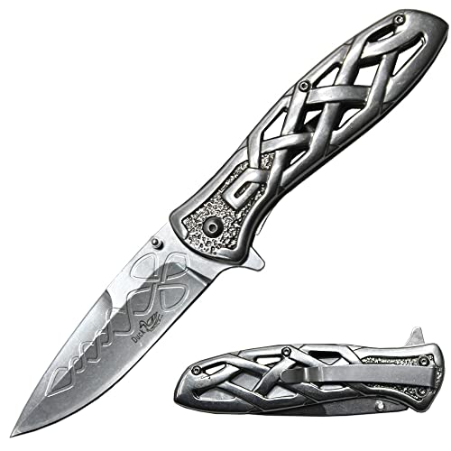 Rtek 4.25" Metal Handle Celtic Ring Folding Knife with Belt Clip, Designed Etched Blade, Heavy Duty Traditional Folding Knife for Outdoor, Survival, EDC, Camping, and Everyday Carry, Gifts for Men (Silver)