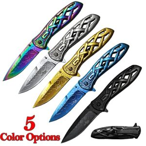 Rtek 4.25" Metal Handle Celtic Ring Folding Knife with Belt Clip, Designed Etched Blade, Heavy Duty Traditional Folding Knife for Outdoor, Survival, EDC, Camping, and Everyday Carry, Gifts for Men (Silver)