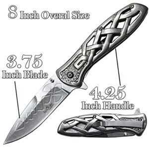 Rtek 4.25" Metal Handle Celtic Ring Folding Knife with Belt Clip, Designed Etched Blade, Heavy Duty Traditional Folding Knife for Outdoor, Survival, EDC, Camping, and Everyday Carry, Gifts for Men (Silver)