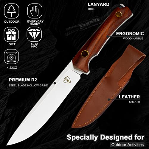 AUBEY Fixed Blade Hunting Knife, 4.52 inch D2 Steel Blade Survival Knife with Leather Sheath Wood Handle, Full Tang Camping Knife for Men Women