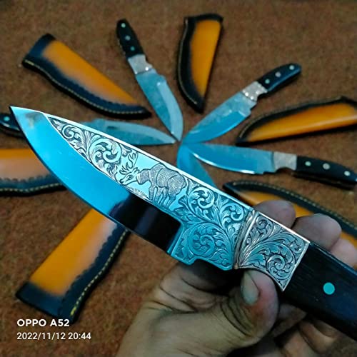 HF ENTERPRISES 440 Stainless Steel Hand Engraved Fixed Blade Hunting Camping Survival tactical EDC Knife with Leather sheath and storage box