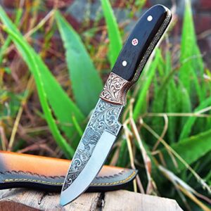 HF ENTERPRISES 440 Stainless Steel Hand Engraved Fixed Blade Hunting Camping Survival tactical EDC Knife with Leather sheath and storage box