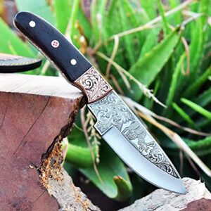 HF ENTERPRISES 440 Stainless Steel Hand Engraved Fixed Blade Hunting Camping Survival tactical EDC Knife with Leather sheath and storage box