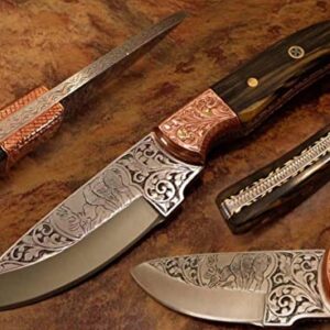 HF ENTERPRISES 440 Stainless Steel Hand Engraved Fixed Blade Hunting Camping Survival tactical EDC Knife with Leather sheath and storage box