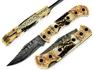 back lock handmade folding knife pocket knife damascus steel blade back lock stag horn handle leather sheath bw-5160