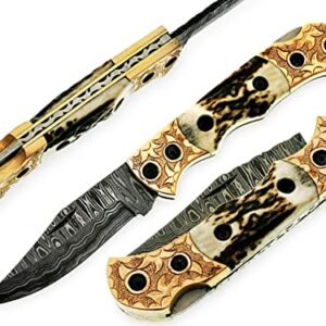 Back Lock Handmade Folding knife Pocket knife Damascus Steel Blade Back Lock Stag Horn Handle Leather Sheath BW-5160