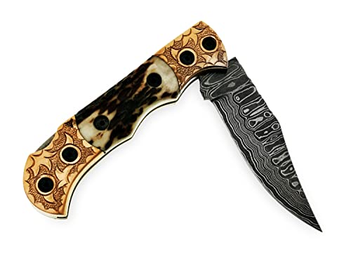 Back Lock Handmade Folding knife Pocket knife Damascus Steel Blade Back Lock Stag Horn Handle Leather Sheath BW-5160