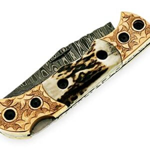 Back Lock Handmade Folding knife Pocket knife Damascus Steel Blade Back Lock Stag Horn Handle Leather Sheath BW-5160