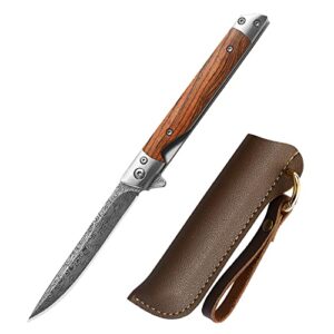 pocket knife for men,small folding pocket knife,case hunting knife tactical jungle knife with leather sheath damascus pattern folding pocket knife for camping hunting men’s gift for indoor and outdoor activities