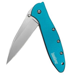 kershaw leek, teal pocket knife (1660teal); 3” bead-blasted high-performance sandvik 14c28n steel blade, teal anodized aluminum handle, speedsafe assisted opening, liner lock, tip-lock slider; 2.4 oz