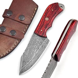 handmade damascus steel hunting skinning knife with leather sheath | 8” hand forged full tang fixed blade damascus knives for men and women | edc razor sharp blade bushcraft camping survival knifes with belt loop for vertical and horizontal carry red woo