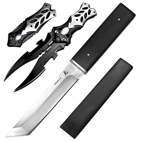 MADSABRE Bundle of 2 Items - Dual Blade Pocket Knife - Japanese Samurai Tanto Fixed Blade Katana - Perfect for Outdoor Hunting Survival Camping EDC Camping Hiking, Unique Gifts for Men