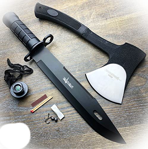 New 2 PC Tactical Hunting Fixed Blade Knife Machete Bowie AXE w/ Survival Kit Camping Outdoor Pro Tactical Elite Knife BLDA-1081