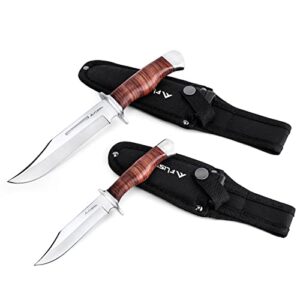 flissa 2-piece bowie knife with sheath, fixed blade hunting knife with leather handle for outdoor, camping, survival, hiking