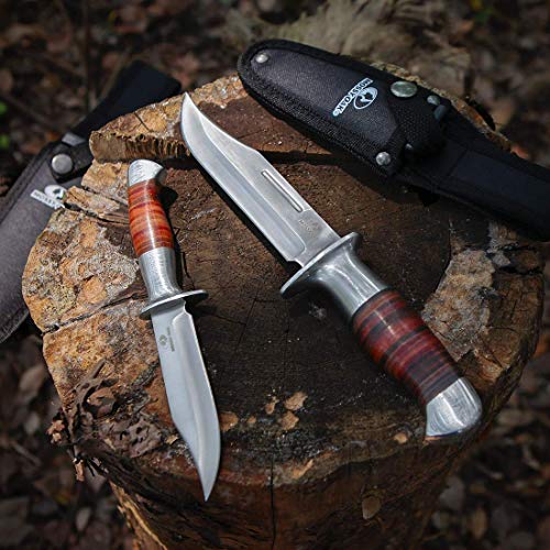 Mossy Oak Fixed Blade Bowie Knife, 2-piece Hunting Knife with Leather Handle Featuring Laser Pattern, Sheath Included