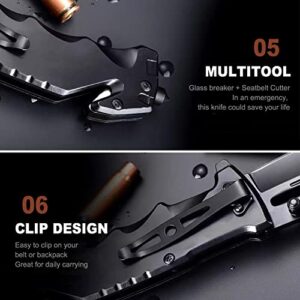 Folding Pocket Knife for Men, Tactical Knife with Clip, Glass Breaker & Seatbelt Cutter, Cool Survival Knife for Emergency, EDC Pocket Knives for Outdoor Camping Hunting, Knifes for Dad, Mens Gift