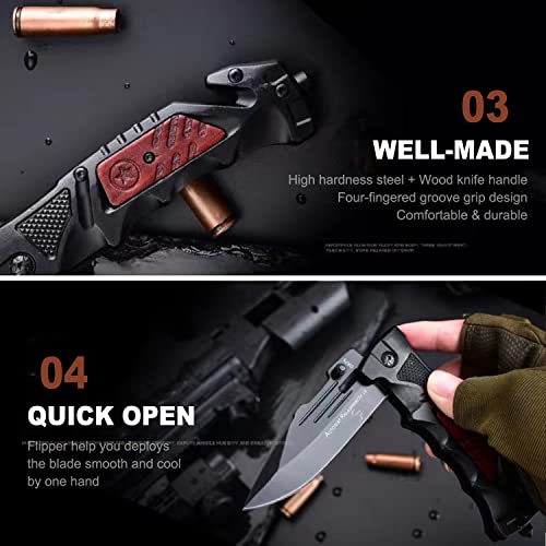 Folding Pocket Knife for Men, Tactical Knife with Clip, Glass Breaker & Seatbelt Cutter, Cool Survival Knife for Emergency, EDC Pocket Knives for Outdoor Camping Hunting, Knifes for Dad, Mens Gift