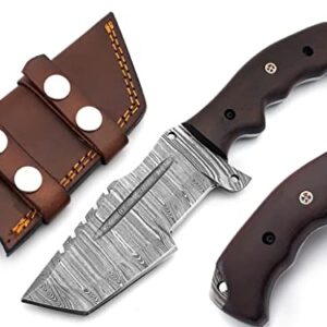 Handmade Damascus Tracker Knife 10 Inches Fixed blade hunting knife with Horizontal carry leather sheath Damascus steel fixed blade for hunting camping Skinning survival, rosewood handle.