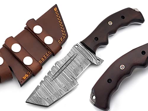 Handmade Damascus Tracker Knife 10 Inches Fixed blade hunting knife with Horizontal carry leather sheath Damascus steel fixed blade for hunting camping Skinning survival, rosewood handle.