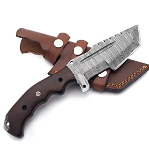 Handmade Damascus Tracker Knife 10 Inches Fixed blade hunting knife with Horizontal carry leather sheath Damascus steel fixed blade for hunting camping Skinning survival, rosewood handle.