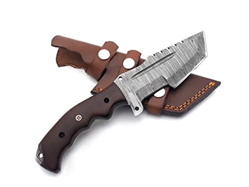 Handmade Damascus Tracker Knife 10 Inches Fixed blade hunting knife with Horizontal carry leather sheath Damascus steel fixed blade for hunting camping Skinning survival, rosewood handle.