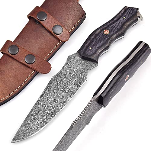 Handmade Damascus Steel Hunting Skinning Knife with Leather Sheath | 10.5'' Hand Forged Full Tang Fixed Blade Damascus Bowie Knives For Men and Women | EDC Razor Sharp Blade Bushcraft Camping Survival Knifes with Belt loop for Vertical and Horizontal Carr