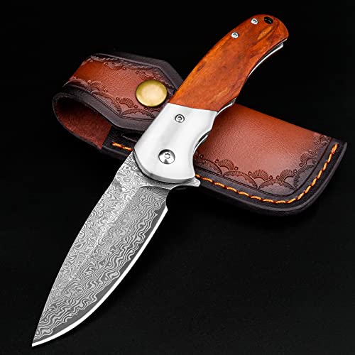 KOMWERO Damascus Pocket Knife with Clip for Men, VG10 Damascus Steel Folding Knives, EDC Damascus Hunting Knife with Leather Sheath Wooden Handle for Camping Collection