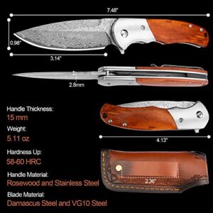 KOMWERO Damascus Pocket Knife with Clip for Men, VG10 Damascus Steel Folding Knives, EDC Damascus Hunting Knife with Leather Sheath Wooden Handle for Camping Collection